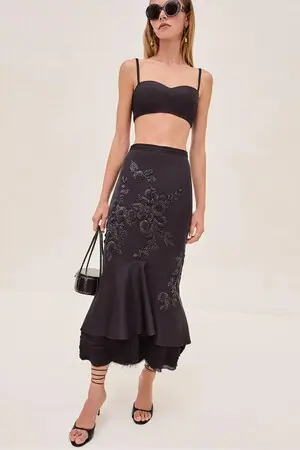 Alexis Kiernan Embroidered Flared Midi Skirt - Black