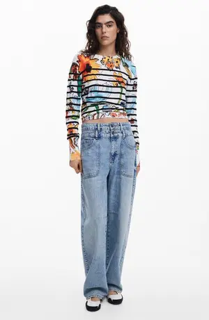Desigual Stripe Floral Crewneck Sweater