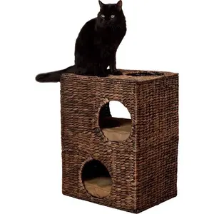 THE LICKER STORE Jaxon 18" 2-tier Handwoven Hyacinth Rectangular 5-hole Cat Condo - Brown