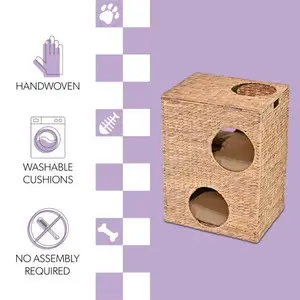 THE LICKER STORE Jaxon 18" 2-tier Handwoven Hyacinth Rectangular 5-hole Cat Condo - Natural