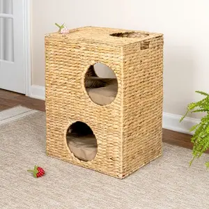 THE LICKER STORE Jaxon 18" 2-tier Handwoven Hyacinth Rectangular 5-hole Cat Condo - Natural