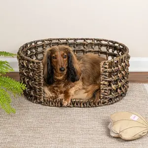 THE LICKER STORE Gigi 24" X 18" Modern Handwoven Hyacinth Open-weave Oval Pet Bed - Brown
