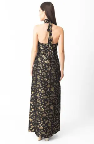 RAAS Leontine Halter Brocade Gown With Slit