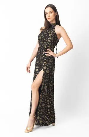 RAAS Leontine Halter Brocade Gown With Slit
