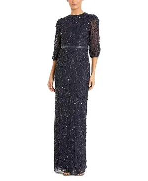 Mac Duggal Sequined Elbow Sleeve Gown - Midnight