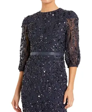 Mac Duggal Sequined Elbow Sleeve Gown - Midnight