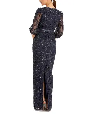Mac Duggal Sequined Elbow Sleeve Gown - Midnight