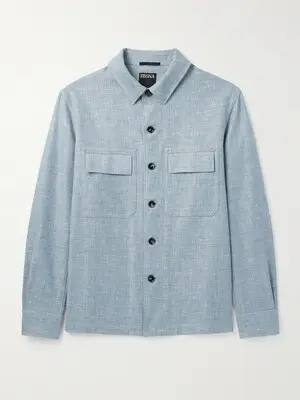 Zegna Leather-trimmed Woven Overshirt - Blue