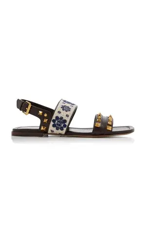 Valentino Garavani Rockstud Floral-embroidered Leather Sandals - Brown
