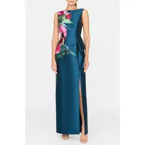 KAY UNGER Luciana Placed Floral Column Gown - Blue Opal