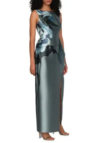 KAY UNGER Luciana Placed Floral Column Gown - Iceberg