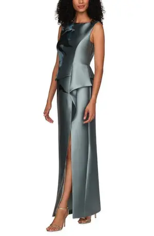 KAY UNGER Luciana Placed Floral Column Gown - Iceberg