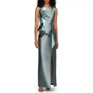 KAY UNGER Luciana Placed Floral Column Gown - Iceberg