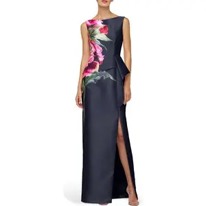 KAY UNGER Kay Unger Luciana Placed Floral Column Gown Midnight Blue