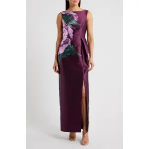 KAY UNGER Luciana Placed Floral Column Gown - Mulberry