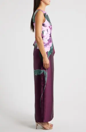 KAY UNGER Luciana Placed Floral Column Gown - Mulberry