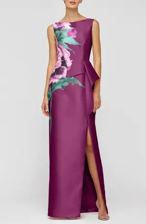 KAY UNGER Luciana Placed Floral Column Gown - Mulberry