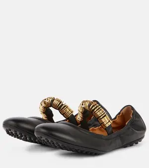 TOD'S Embellished Leather Mary Jane Flats - Black