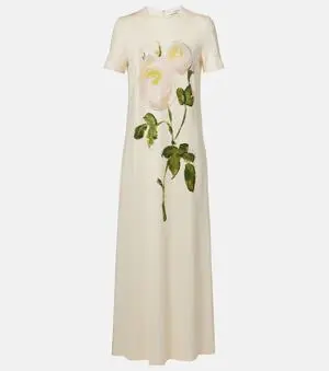 Oscar De La Renta Painted Roses Jersey Maxi Dress - White
