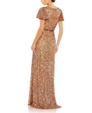Mac Duggal Sequined Wrap Over Butterfly Sleeve Draped Gown - Copper