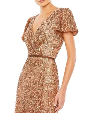 Mac Duggal Sequined Wrap Over Butterfly Sleeve Draped Gown - Copper