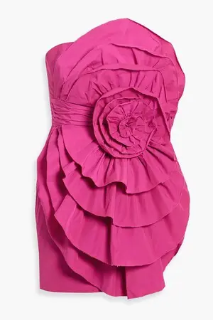Marchesa Strapless Floral-appliquéd Ruffled Taffeta Mini Dress - Fuchsia
