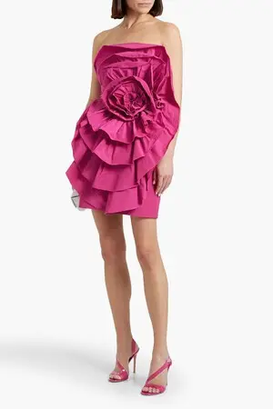 Marchesa Strapless Floral-appliquéd Ruffled Taffeta Mini Dress