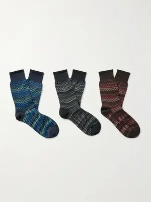Missoni Three-pack Striped Crochet-knit Cotton Socks - Blue