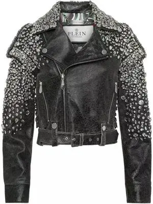 Philipp Plein Leather Cropped Biker Jacket - Black