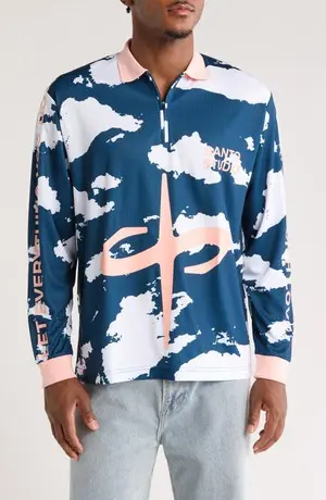 SANTO STUDIO Printed Half-zip Long Sleeve Polo - Navy