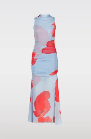 SAEMDI Floral Printed Mesh Dress - Light Blue Floral