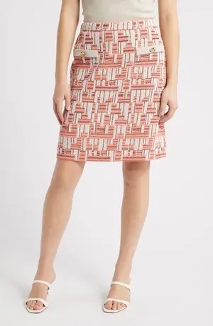 Ming Wang Geo Knit A-line Skirt - Peach/limestone/white
