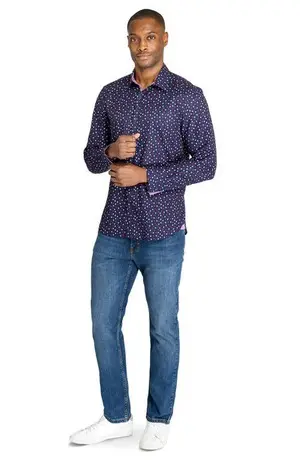 CON.STRUCT Slim Fit Mini Hearts Recycled 4-way Stretch Performance Long Sleeve Shirt - Navy/red