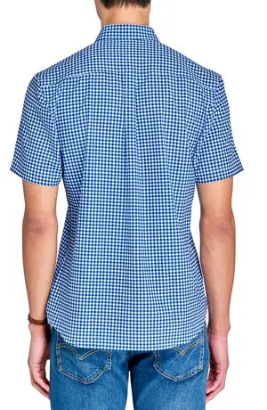 CON.STRUCT Slim Fit Mini Check Recycled 4-way Stretch Performance Short Sleeve Shirt - White/blue