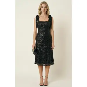 MODENAIRE Sequin Midi Dress With Tie Straps - Black Sequin