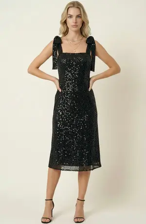 MODENAIRE Sequin Midi Dress With Tie Straps