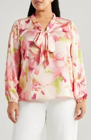 TAHARI ASL Floral Bow Neck Charmeuse Top - Peach Watercolor