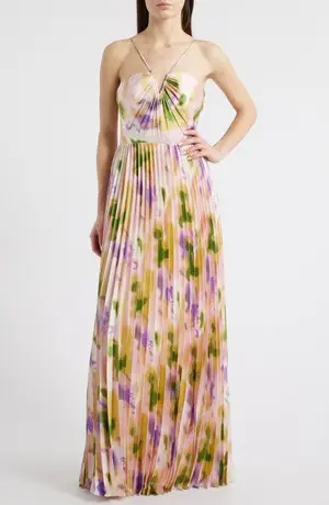 Lulus Cassia Floral Pleated Satin Gown