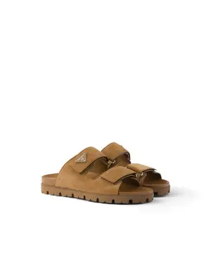 Prada Suede Band Sandals With Enamel Logo - Brown