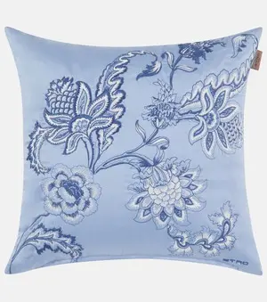 Etro Bloom Embroidered Cotton Cushion - Blue