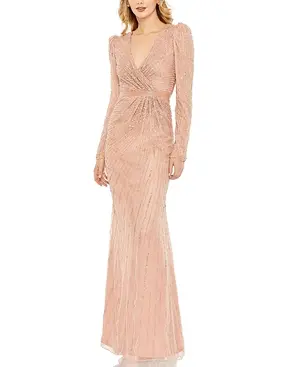 Mac Duggal Sequined Wrap Long Sleeve Gown