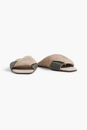 Brunello Cucinelli Bead-embellished Suede Sandals - Mushroom