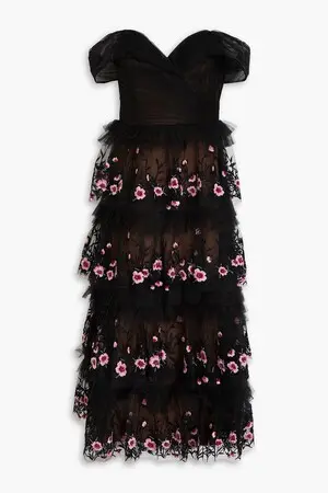 Marchesa Off-The-Shoulder Embellished Tulle Midi Dress - Black