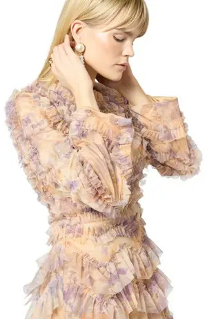 MARYISA Occasion Modest Ruffle Floral Print Evening Dress