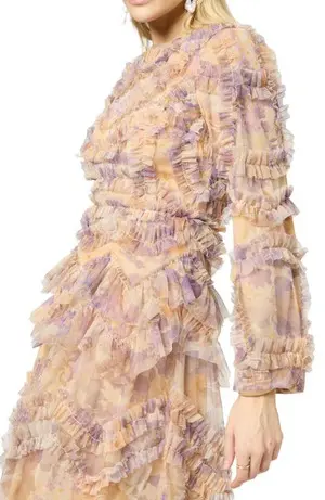 MARYISA Occasion Modest Ruffle Floral Print Evening Dress