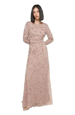 MARYISA Embellished Sequin Beaded Maxi Dress - Rust