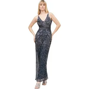 BEAUUT Embellished Sequin Beaded V Neck Gown
