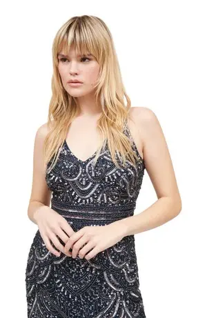 BEAUUT Embellished Sequin Beaded V Neck Gown