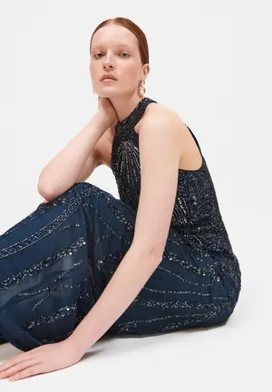 BEAUUT Occasion Embellished Sequin Beaded Halter Neck Maxi Dress - Navy
