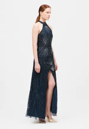 BEAUUT Occasion Embellished Sequin Beaded Halter Neck Maxi Dress - Navy